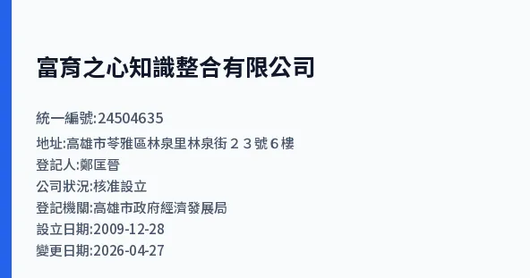 富育之心知識整合有限公司的照片-統編 24504635(高雄市) 公司登記資料與營業項目詳細圖表