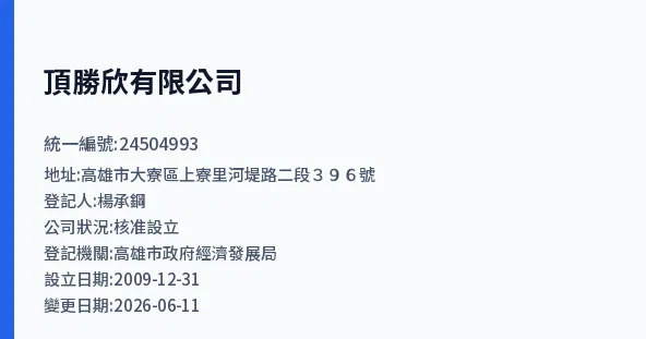 頂勝欣有限公司的照片-統編 24504993(高雄市) 公司登記資料與營業項目詳細圖表