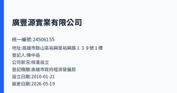 廣豐源實業有限公司的照片-統編 24506155(高雄市) 公司登記資料與營業項目詳細圖表