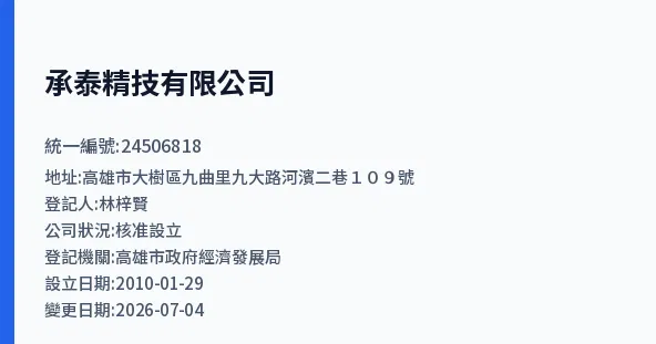 承泰精技有限公司的照片-統編 24506818(高雄市) 公司登記資料與營業項目詳細圖表