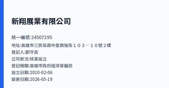 新翔展業有限公司的照片-統編 24507295(高雄市) 公司登記資料與營業項目詳細圖表