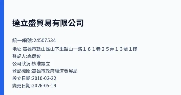 達立盛貿易有限公司的照片-統編 24507534(高雄市) 公司登記資料與營業項目詳細圖表