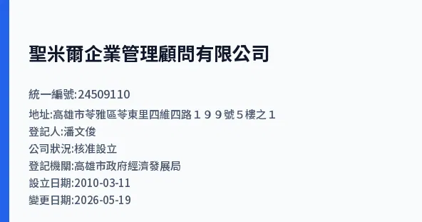 聖米爾企業管理顧問有限公司的照片-統編 24509110(高雄市) 公司登記資料與營業項目詳細圖表