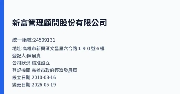 新富管理顧問股份有限公司的照片-統編 24509131(高雄市) 公司登記資料與營業項目詳細圖表