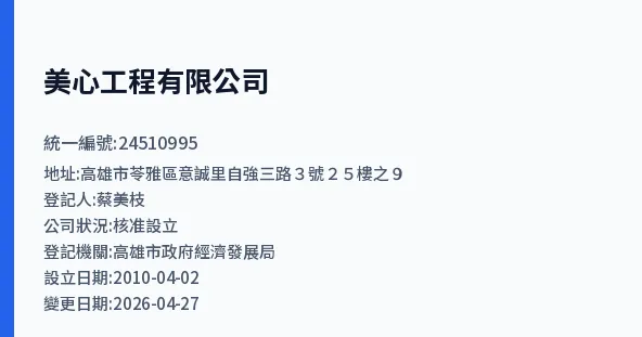 美心工程有限公司的照片-統編 24510995(高雄市) 公司登記資料與營業項目詳細圖表