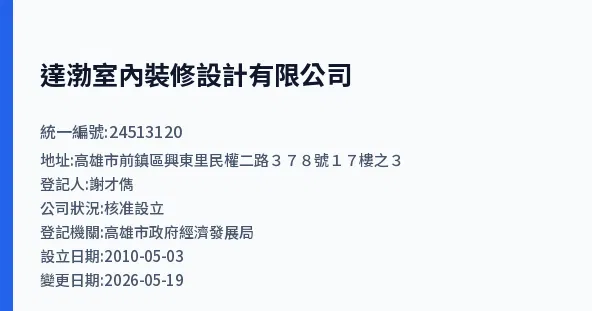 達渤室內裝修設計有限公司的照片-統編 24513120(高雄市) 公司登記資料與營業項目詳細圖表