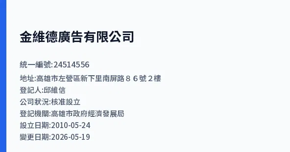 金維德廣告有限公司的照片-統編 24514556(高雄市) 公司登記資料與營業項目詳細圖表