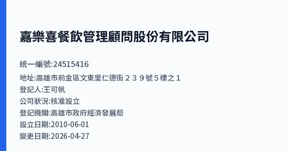 嘉樂喜餐飲管理顧問股份有限公司的照片-統編 24515416(高雄市) 公司登記資料與營業項目詳細圖表