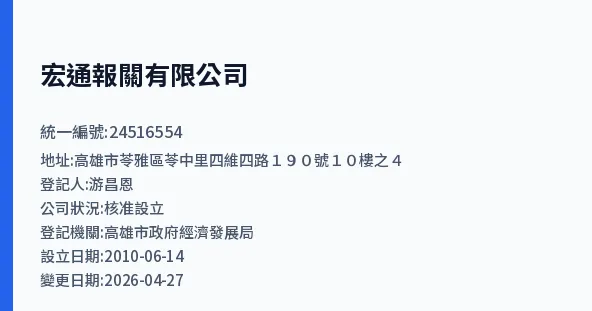 宏通報關有限公司的照片-統編 24516554(高雄市) 公司登記資料與營業項目詳細圖表