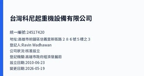 台灣科尼起重機設備有限公司的照片-統編 24517420(高雄市) 公司登記資料與營業項目詳細圖表