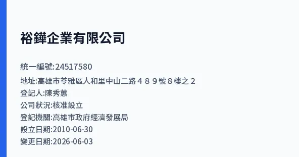 裕鏵企業有限公司的照片-統編 24517580(高雄市) 公司登記資料與營業項目詳細圖表