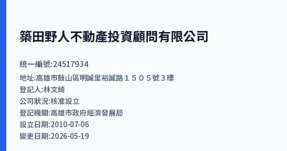 築田野人不動產投資顧問有限公司的照片-統編 24517934(高雄市) 公司登記資料與營業項目詳細圖表