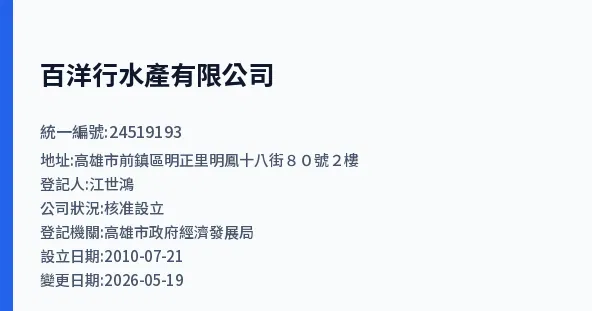 百洋行水產有限公司的照片-統編 24519193(高雄市) 公司登記資料與營業項目詳細圖表