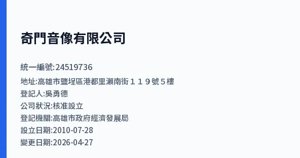 奇門音像有限公司的照片-統編 24519736(高雄市) 公司登記資料與營業項目詳細圖表
