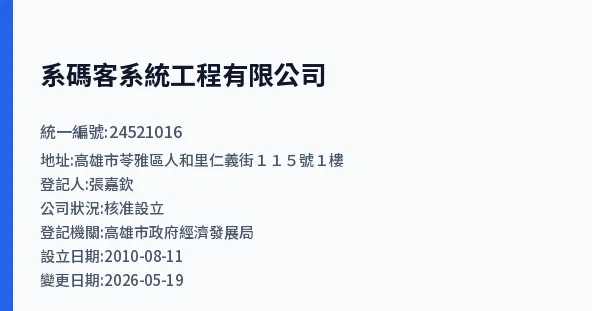 系碼客系統工程有限公司的照片-統編 24521016(高雄市) 公司登記資料與營業項目詳細圖表