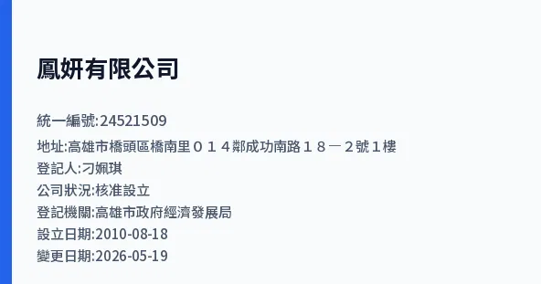 鳳妍有限公司的照片-統編 24521509(高雄市) 公司登記資料與營業項目詳細圖表