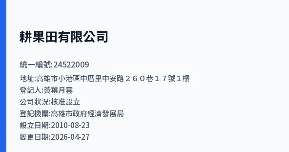 耕果田有限公司的照片-統編 24522009(高雄市) 公司登記資料與營業項目詳細圖表