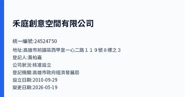 禾庭創意空間有限公司的照片-統編 24524750(高雄市) 公司登記資料與營業項目詳細圖表