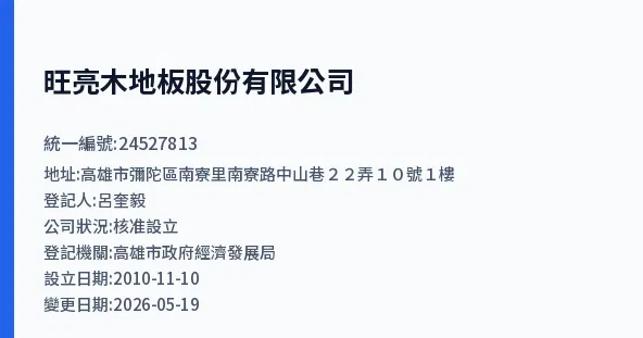 旺亮木地板股份有限公司的照片-統編 24527813(高雄市) 公司登記資料與營業項目詳細圖表
