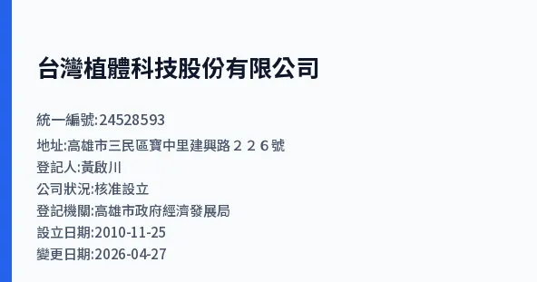 台灣植體科技股份有限公司的照片-統編 24528593(高雄市) 公司登記資料與營業項目詳細圖表