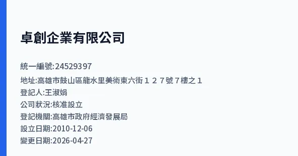 卓創企業有限公司的照片-統編 24529397(高雄市) 公司登記資料與營業項目詳細圖表