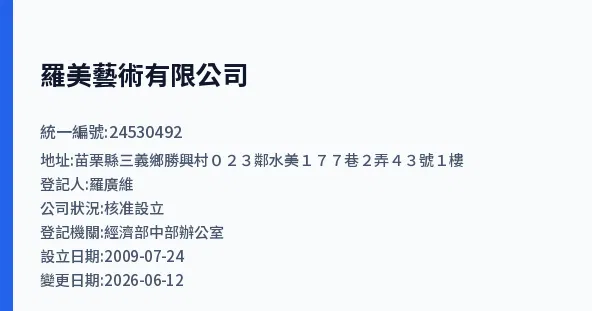 羅美藝術有限公司的照片-統編 24530492(苗栗縣) 公司登記資料與營業項目詳細圖表