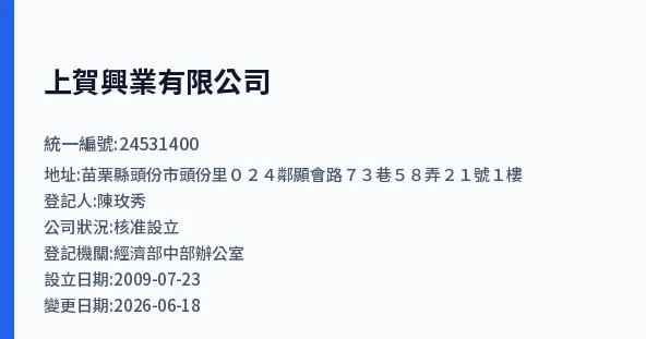 上賀興業有限公司的照片-統編 24531400(苗栗縣) 公司登記資料與營業項目詳細圖表
