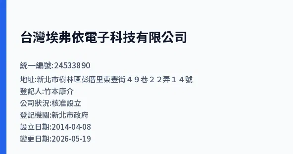 台灣埃弗依電子科技有限公司的照片-統編 24533890(新北市) 公司登記資料與營業項目詳細圖表