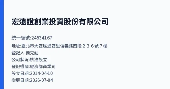 宏遠證創業投資股份有限公司的照片-統編 24534167(臺北市) 公司登記資料與營業項目詳細圖表