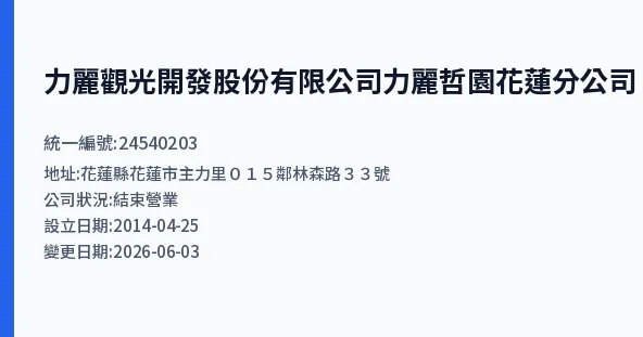 力麗觀光開發股份有限公司力麗哲園花蓮分公司的照片-統編 24540203(花蓮縣) 公司登記資料與營業項目詳細圖表