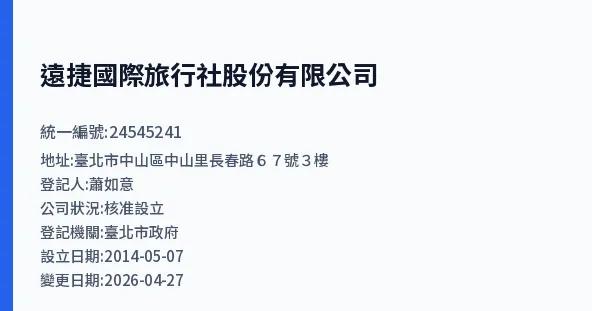 遠捷國際旅行社股份有限公司的照片-統編 24545241(臺北市) 公司登記資料與營業項目詳細圖表