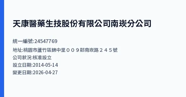 天康醫藥生技股份有限公司南崁分公司的照片-統編 24547769(桃園市) 公司登記資料與營業項目詳細圖表