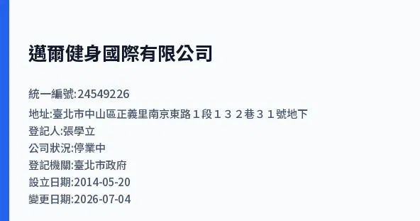 邁爾健身國際有限公司的照片-統編 24549226(臺北市) 公司登記資料與營業項目詳細圖表