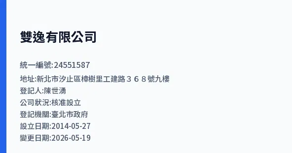 雙逸有限公司的照片-統編 24551587(新北市) 公司登記資料與營業項目詳細圖表