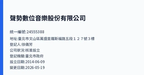 聲勢數位音樂股份有限公司的照片-統編 24555388(臺北市) 公司登記資料與營業項目詳細圖表