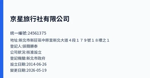 京星旅行社有限公司的照片-統編 24561375(新北市) 公司登記資料與營業項目詳細圖表