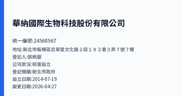華納國際生物科技股份有限公司的照片-統編 24568567(新北市) 公司登記資料與營業項目詳細圖表