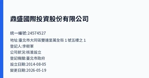 鼎盛國際投資股份有限公司的照片-統編 24574527(臺北市) 公司登記資料與營業項目詳細圖表