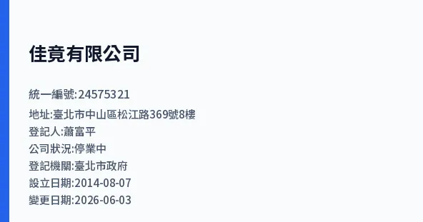 佳竟有限公司的照片-統編 24575321(臺北市) 公司登記資料與營業項目詳細圖表