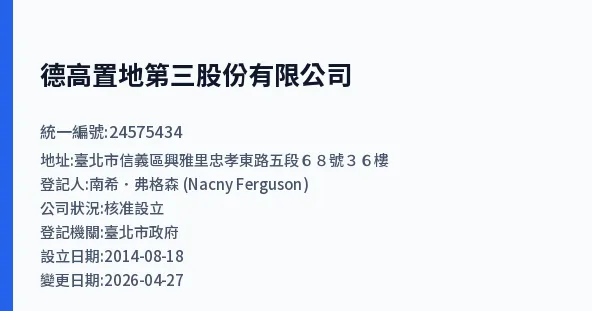 德高置地第三股份有限公司的照片-統編 24575434(臺北市) 公司登記資料與營業項目詳細圖表