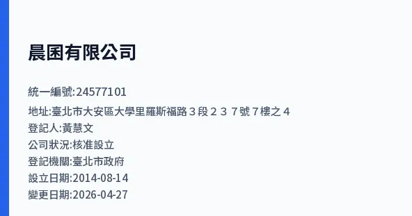 晨囷有限公司的照片-統編 24577101(臺北市) 公司登記資料與營業項目詳細圖表