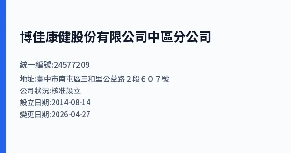 博佳康健股份有限公司中區分公司的照片-統編 24577209(臺中市) 公司登記資料與營業項目詳細圖表