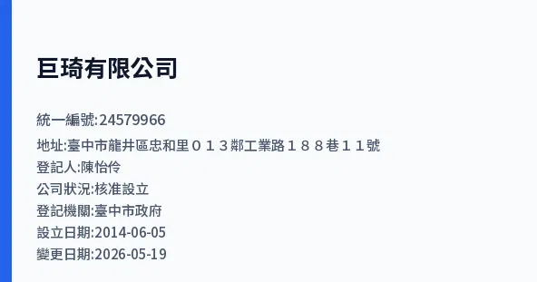 巨琦有限公司的照片-統編 24579966(臺中市) 公司登記資料與營業項目詳細圖表