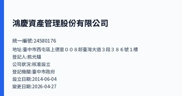 鴻慶資產管理股份有限公司的照片-統編 24580176(臺中市) 公司登記資料與營業項目詳細圖表
