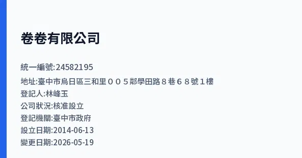 卷卷有限公司的照片-統編 24582195(臺中市) 公司登記資料與營業項目詳細圖表