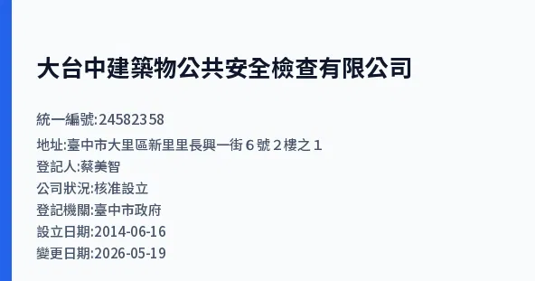 大台中建築物公共安全檢查有限公司的照片-統編 24582358(臺中市) 公司登記資料與營業項目詳細圖表