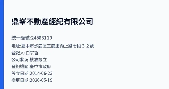 鼎峯不動產經紀有限公司的照片-統編 24583119(臺中市) 公司登記資料與營業項目詳細圖表