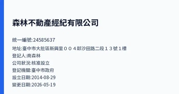 森林不動產經紀有限公司的照片-統編 24585637(臺中市) 公司登記資料與營業項目詳細圖表