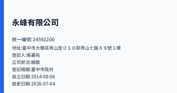 永峰有限公司的照片-統編 24592200(臺中市) 公司登記資料與營業項目詳細圖表