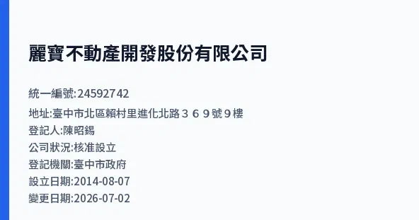 麗寶不動產開發股份有限公司的照片-統編 24592742(臺中市) 公司登記資料與營業項目詳細圖表